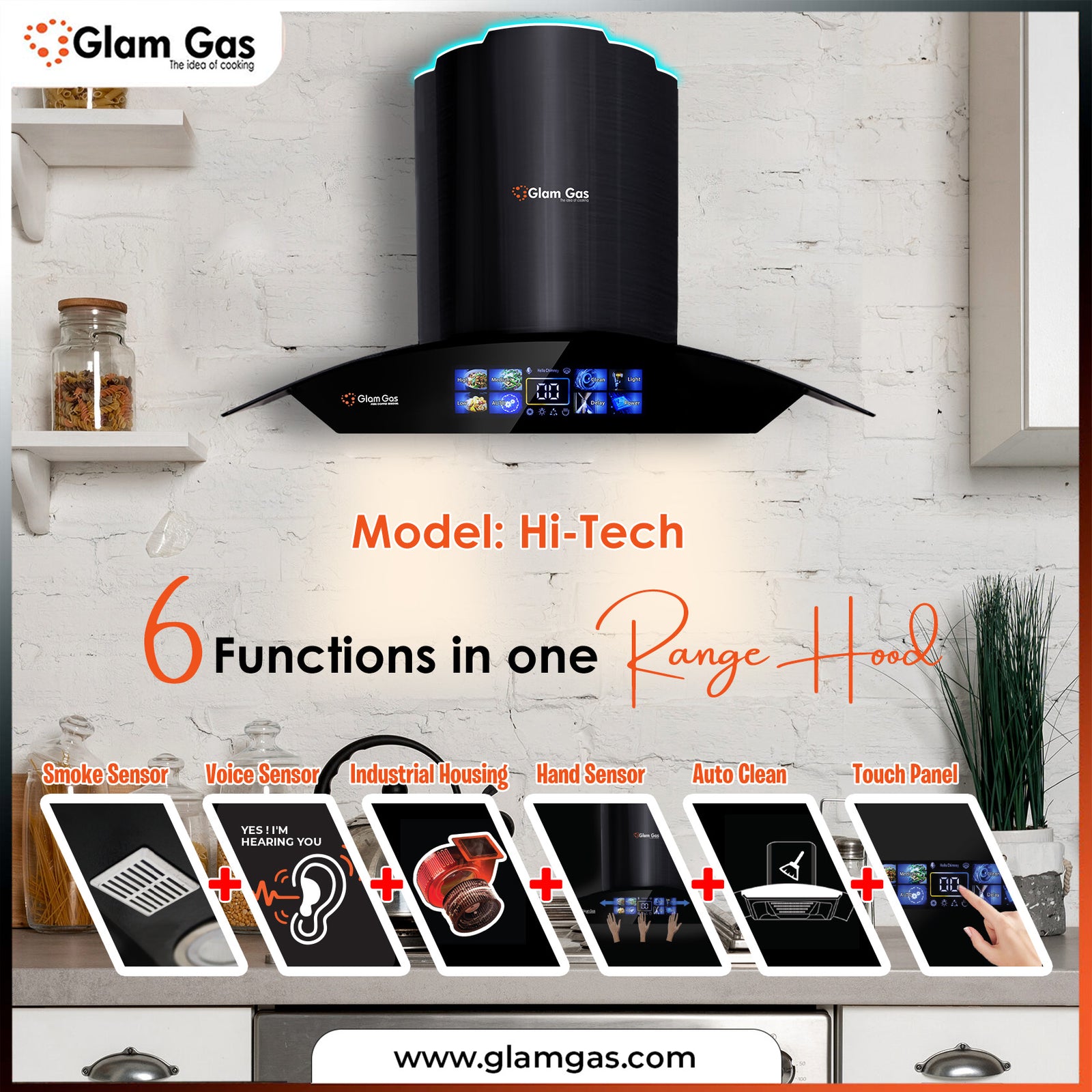 Glam Gas Kitchen Hood Hi-Tech Digital Touch Sensor + Auto Clean + Voice ...